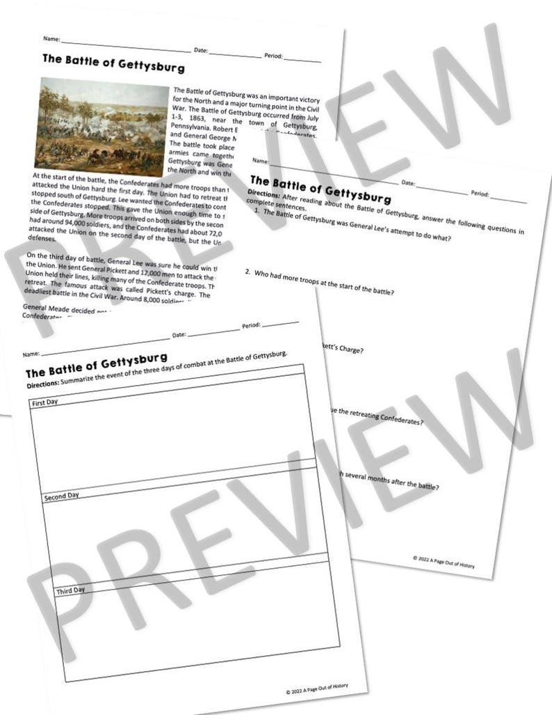 Battle of Gettysburg Civil War Reading Comprehension Worksheets ...