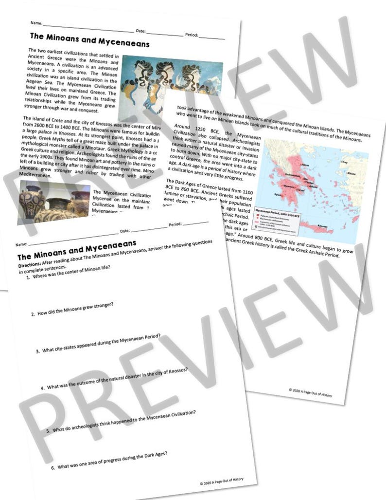 The Minoans and Mycenaeans Reading Practice Worksheets, Educational ...