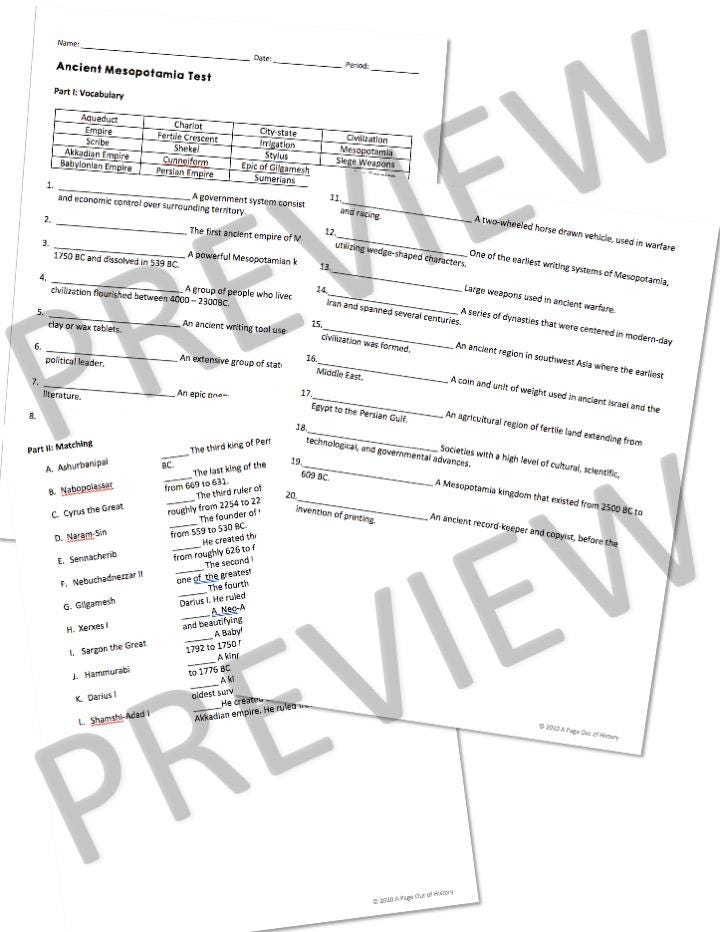 Ancient Mesopotamia Test and Answers, Educational Classroom Activities ...