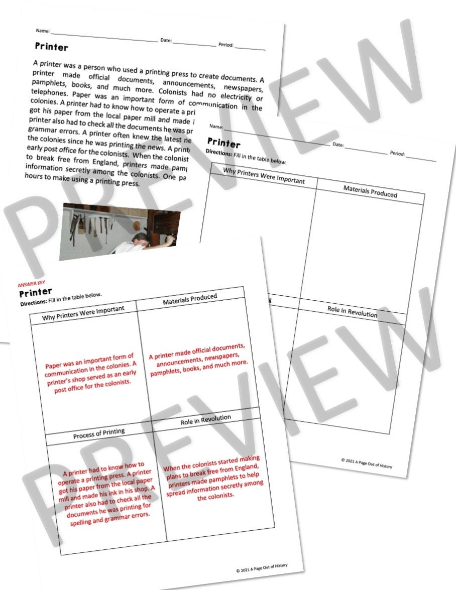 Colonial Printer Reading Worksheets and Answer Keys | 6-12 | Homeschool ...