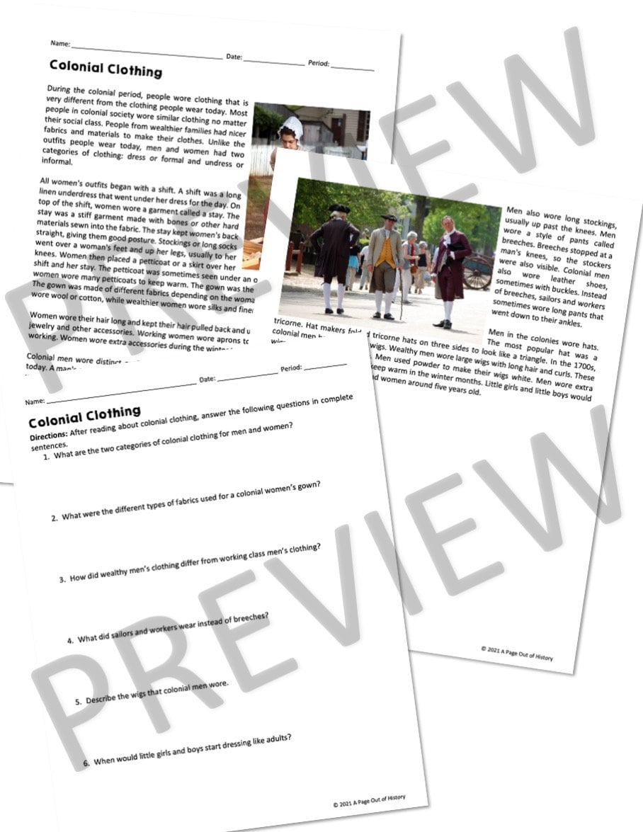 Colonial Clothing Reading Worksheets and Answer Keys | 6-12 ...