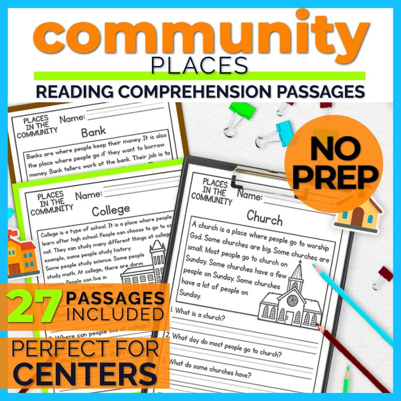 K-2 Reading Comprehension Worksheets, Places in the Community Passages ...