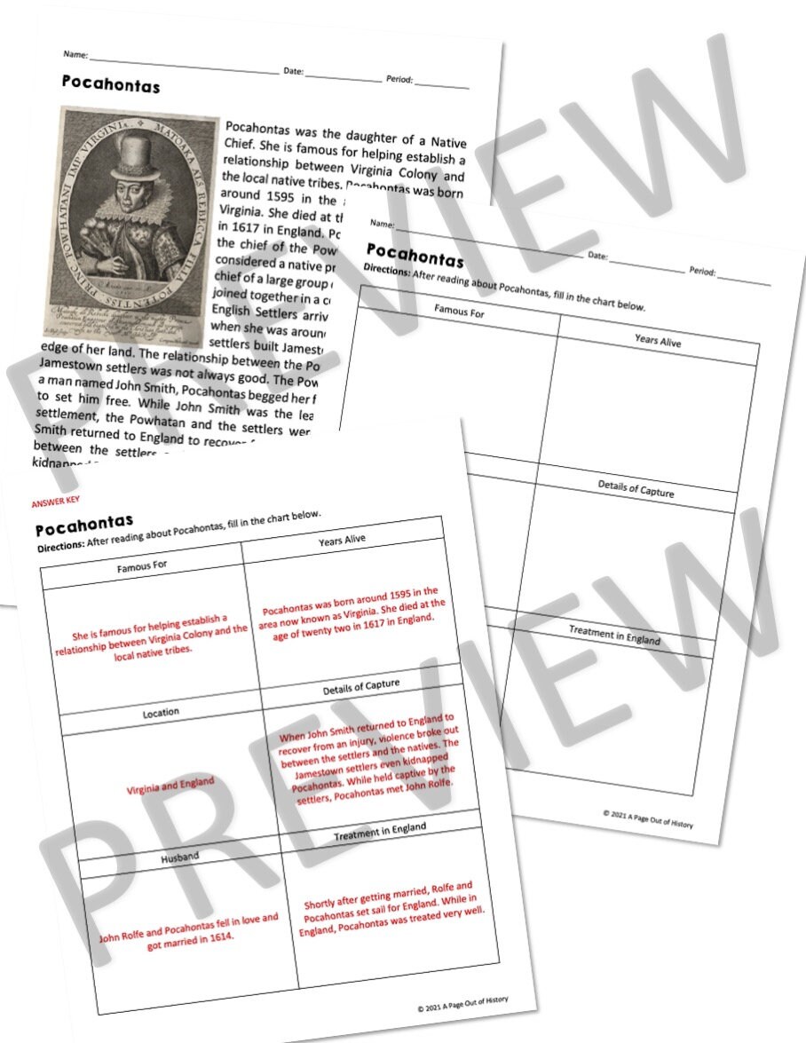 Pocahontas Reading Worksheets and Answer Keys | 6-12 | Homeschool ...