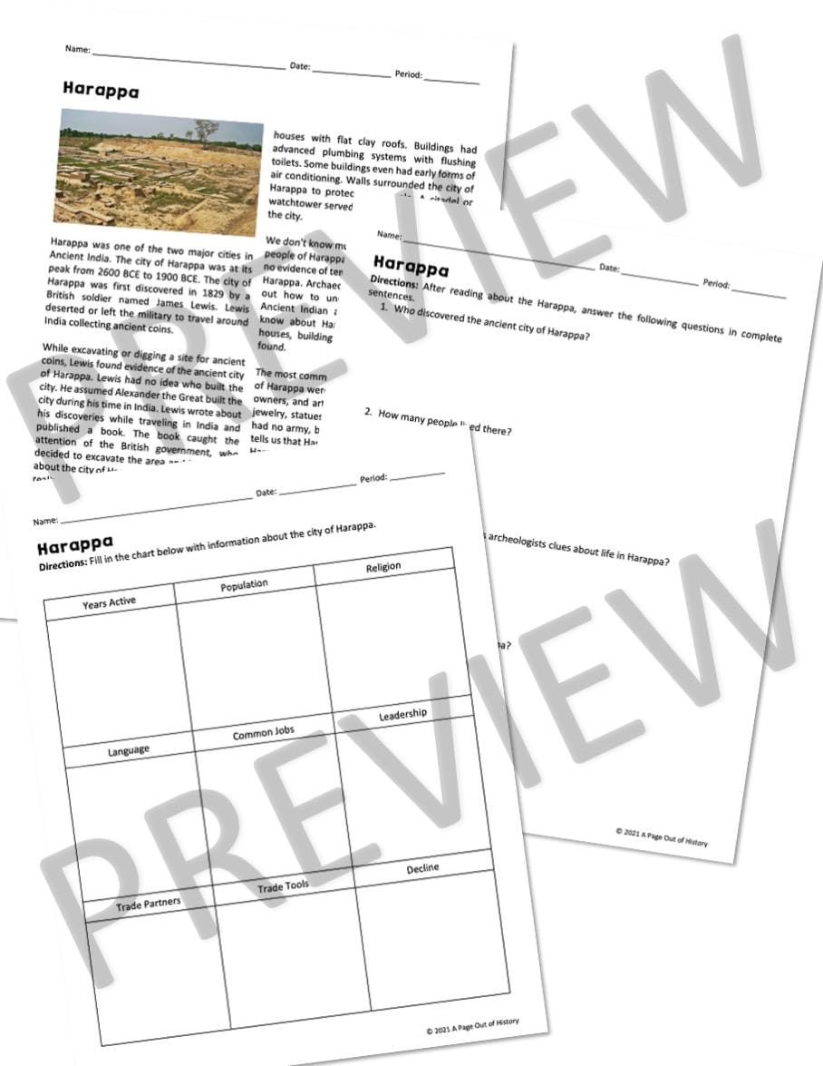 Harappa Ancient India Reading Worksheets and Answer Keys, Educational ...