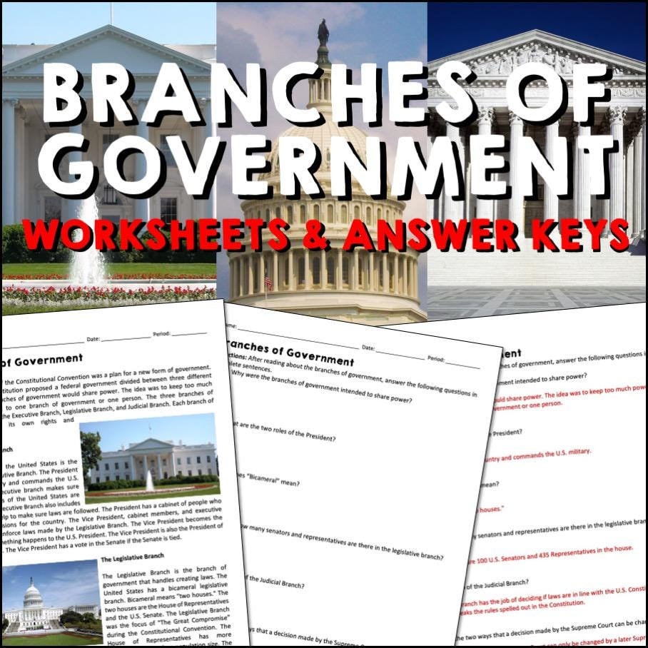 Branches of Government Reading Worksheets Answer Keys, American History ...