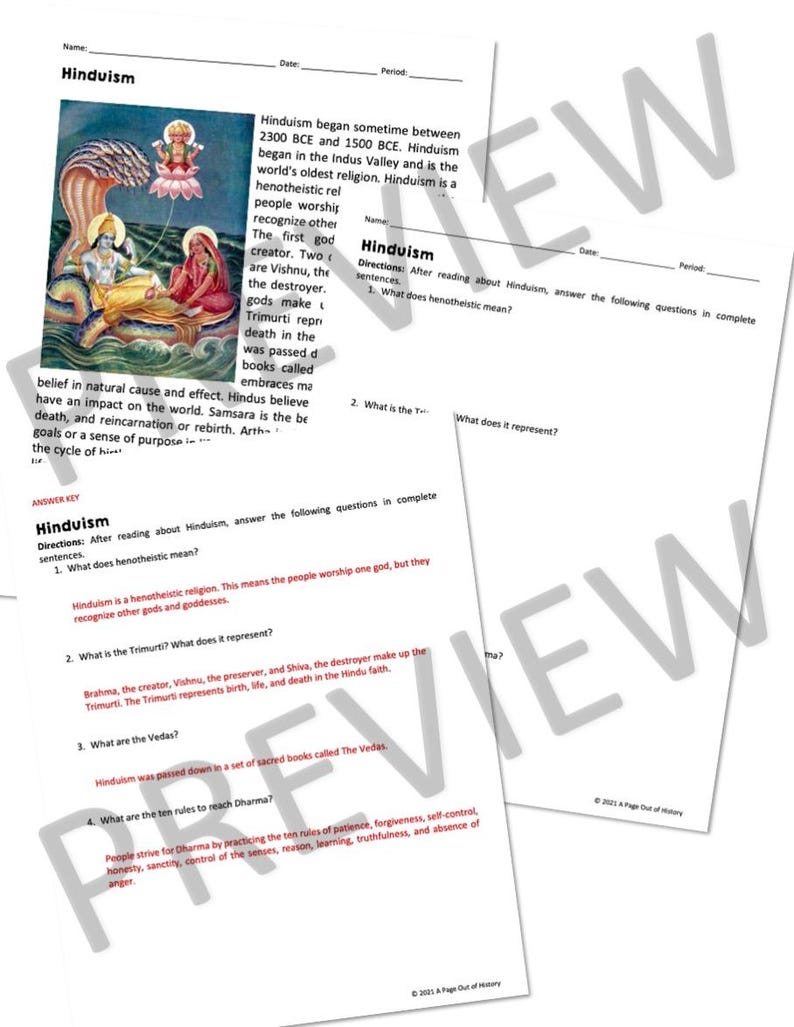 Hinduism Reading Comprehension Worksheets and Answer Keys, Educational ...