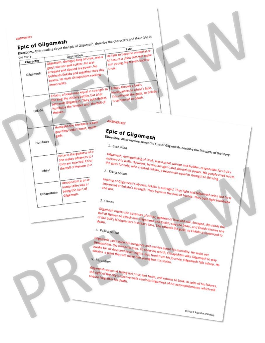 Epic of Gilgamesh Reading Practice Worksheets, Social Studies ...