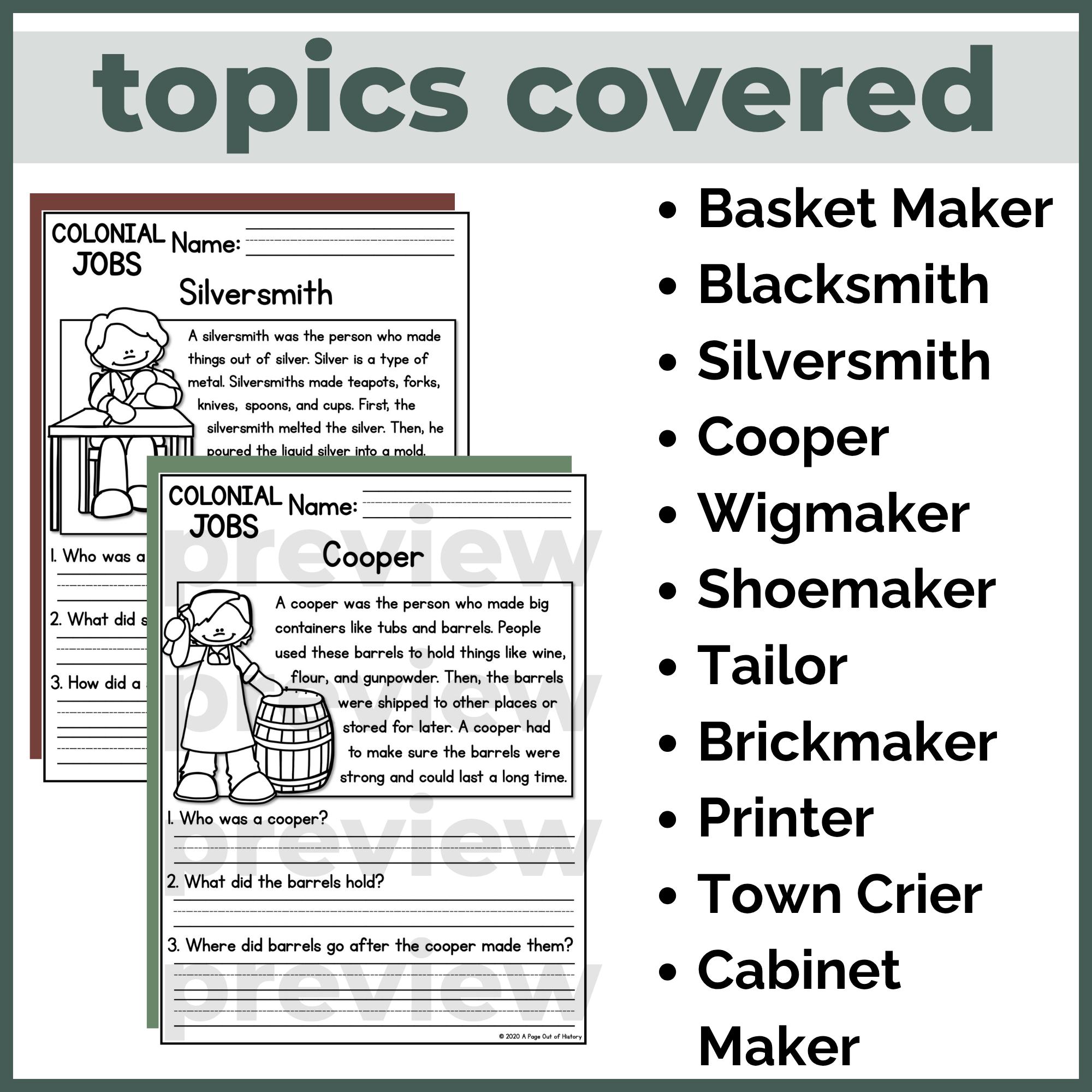 Colonial Jobs Reading Comprehension Passages, 13 Colonies Worksheets ...