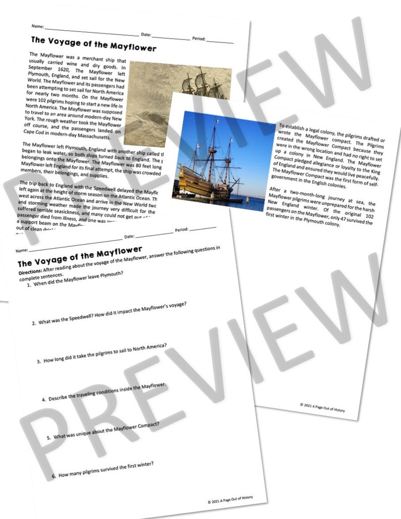 Mayflower Voyage Reading Worksheets and Answer Keys | 6-12 | Homeschool ...
