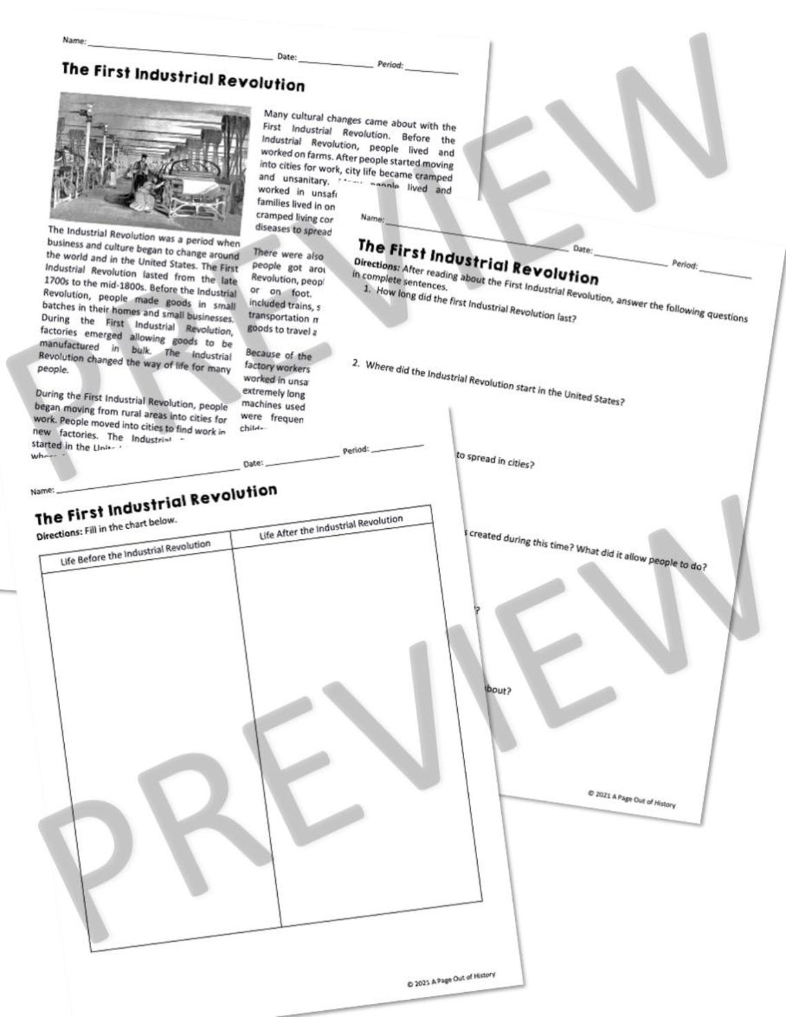First Industrial Revolution Early America Reading Practice Worksheets ...