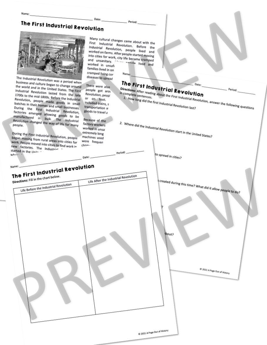 First Industrial Revolution Early America Reading Worksheets and Answer ...