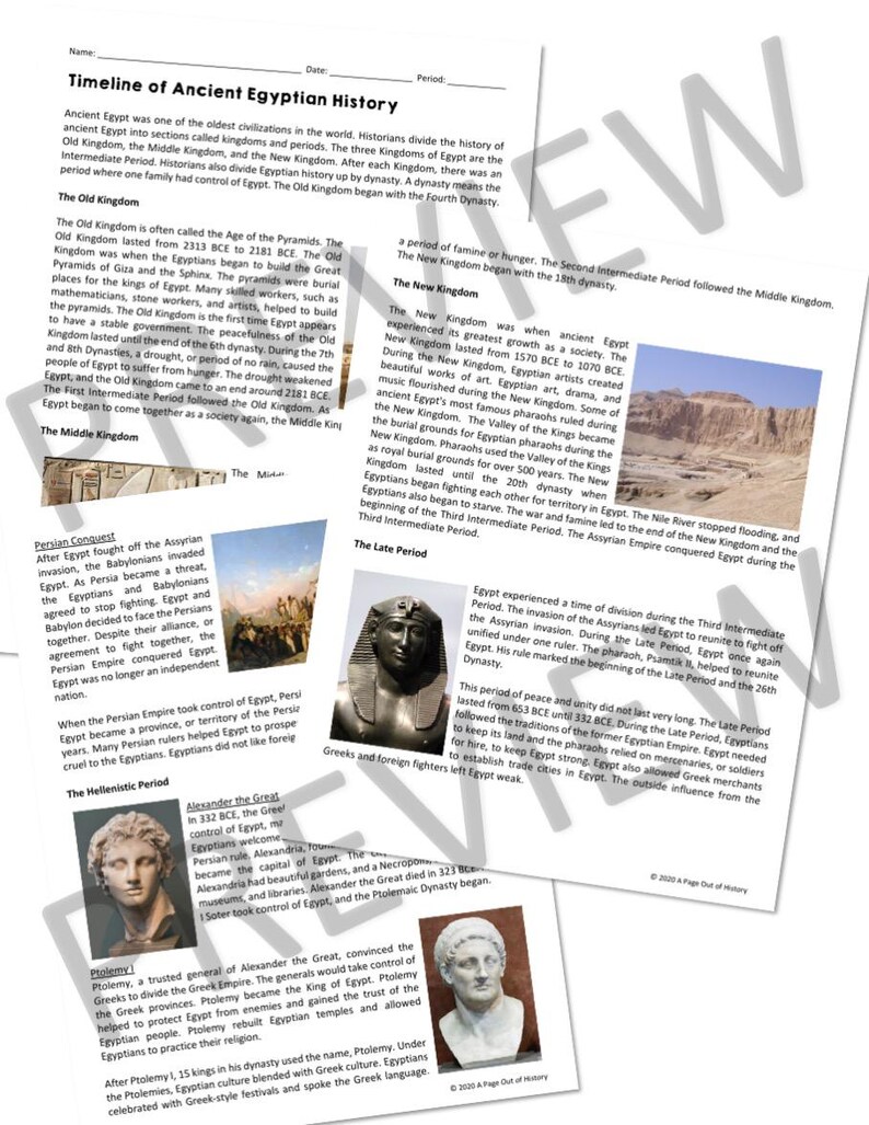 Timeline of Ancient Egyptian Kingdoms Reading Worksheets, Ancient ...