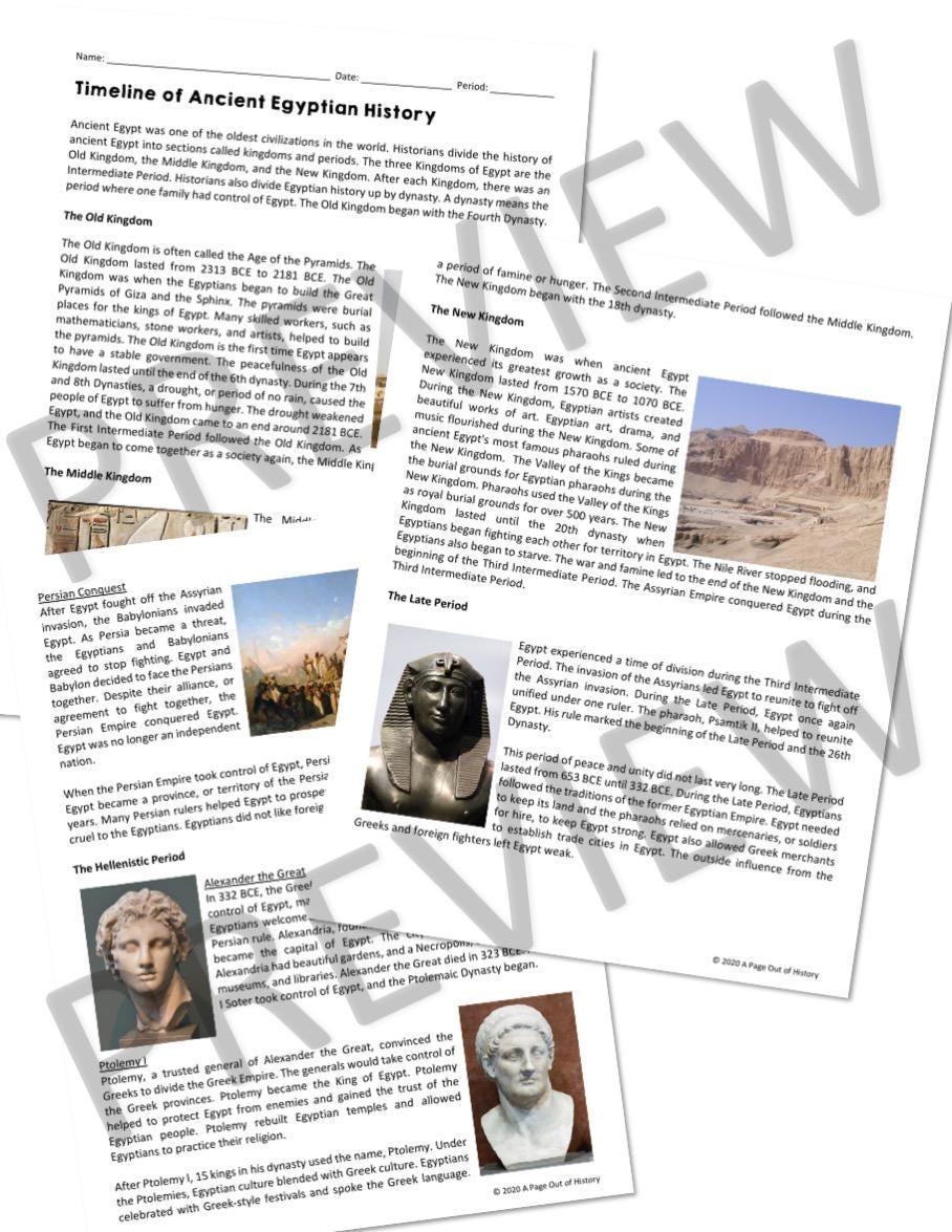 Timeline of Ancient Egyptian Kingdoms Reading Worksheets and Answer ...