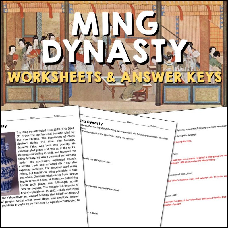 Ming Dynasty Reading Comprehension Worksheets & Answer Key, Ancient ...