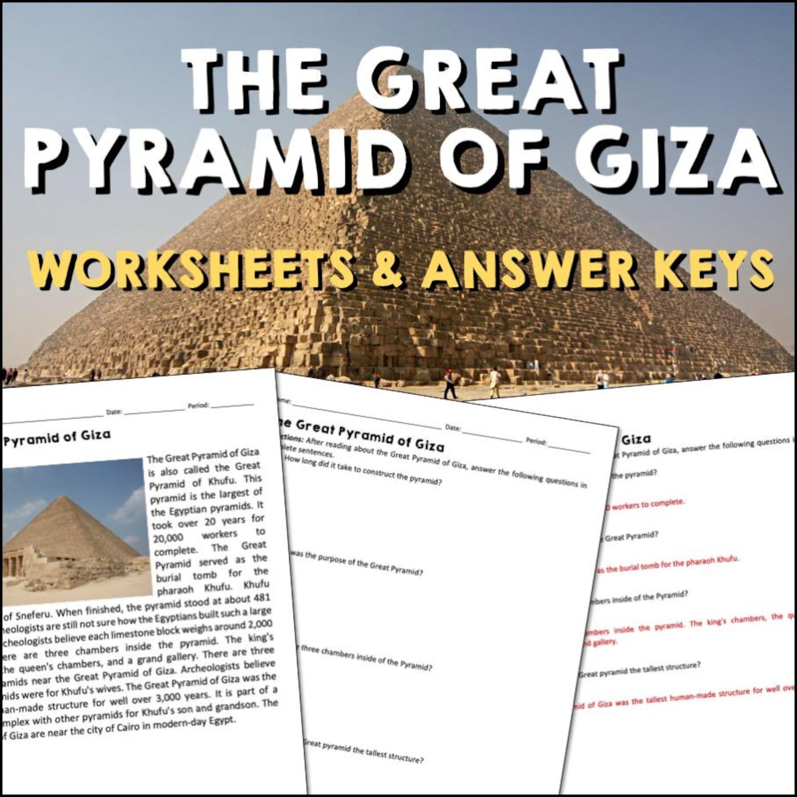 The Great Pyramid of Giza Ancient Egypt Reading Worksheets and Answer ...