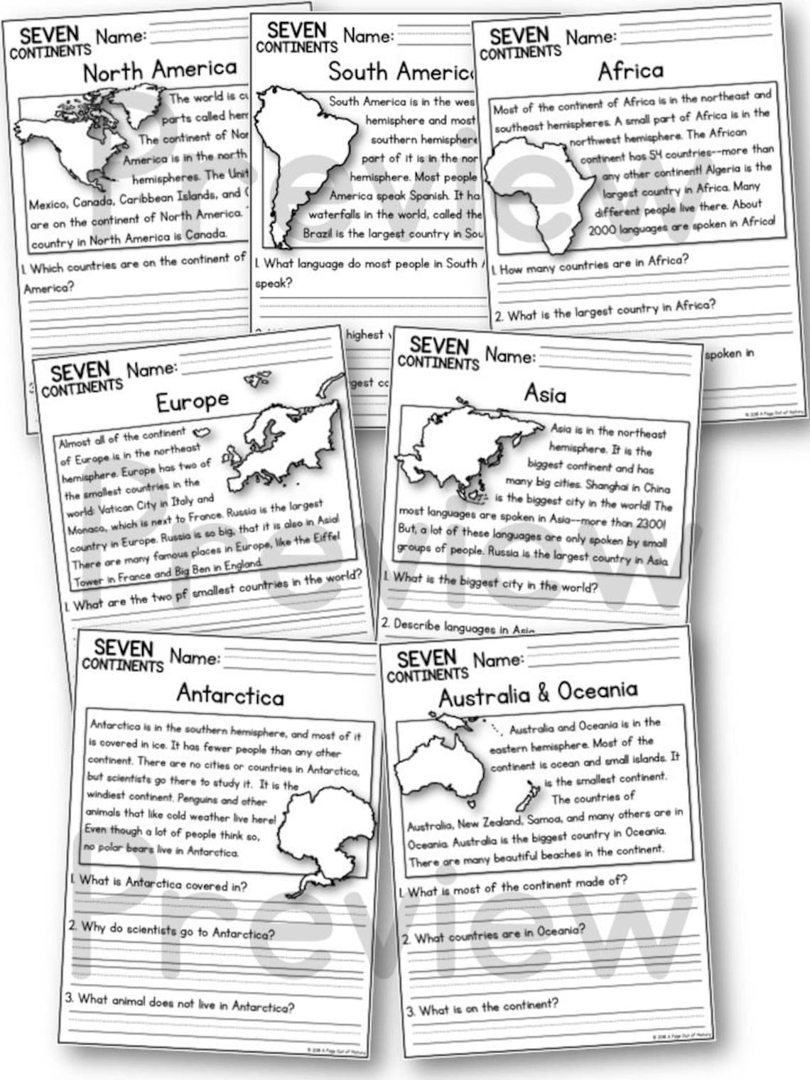 7 Continents Reading Comprehension Passages K-2 Homeschool | Etsy