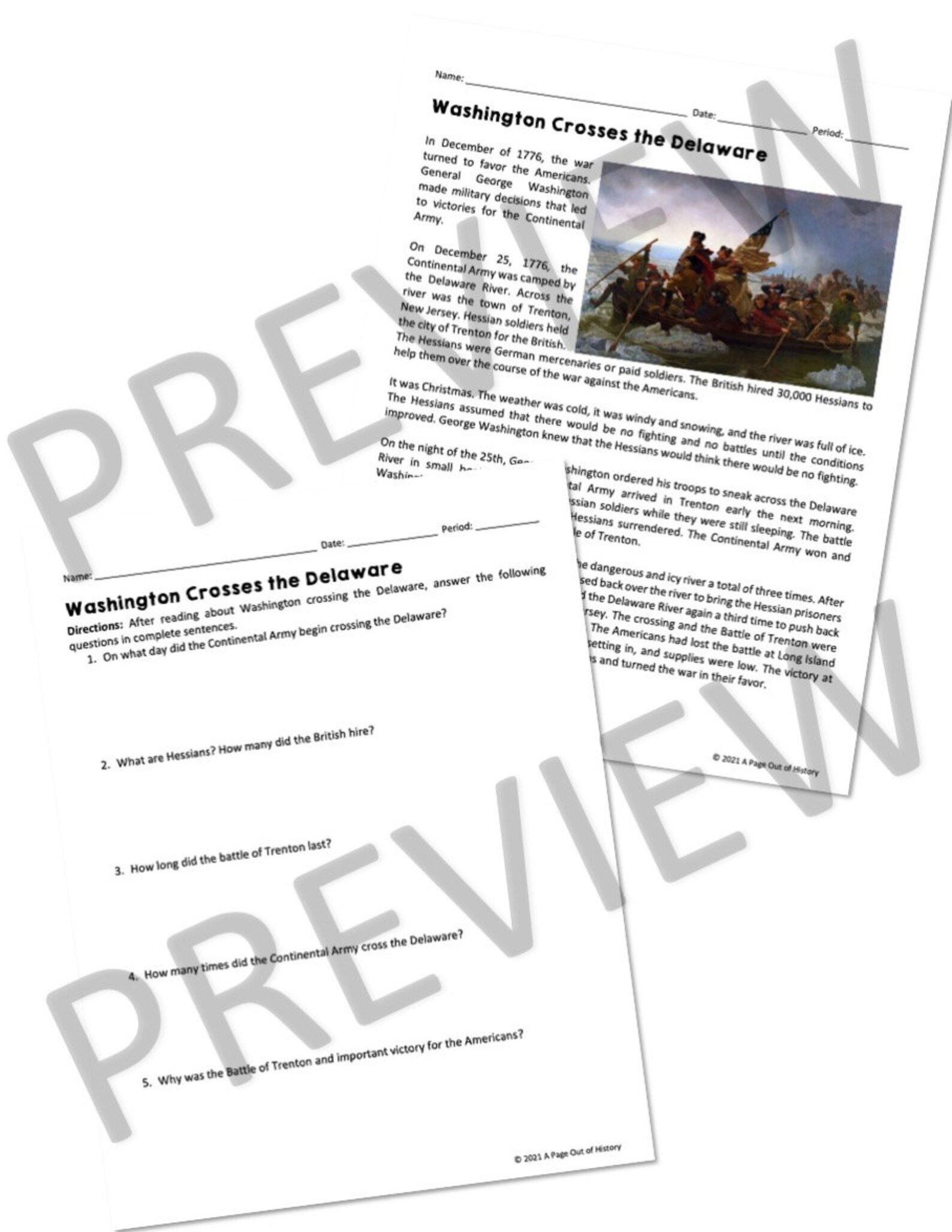 Washington Crosses the Delaware Reading Worksheets and Answer Keys | 6 ...