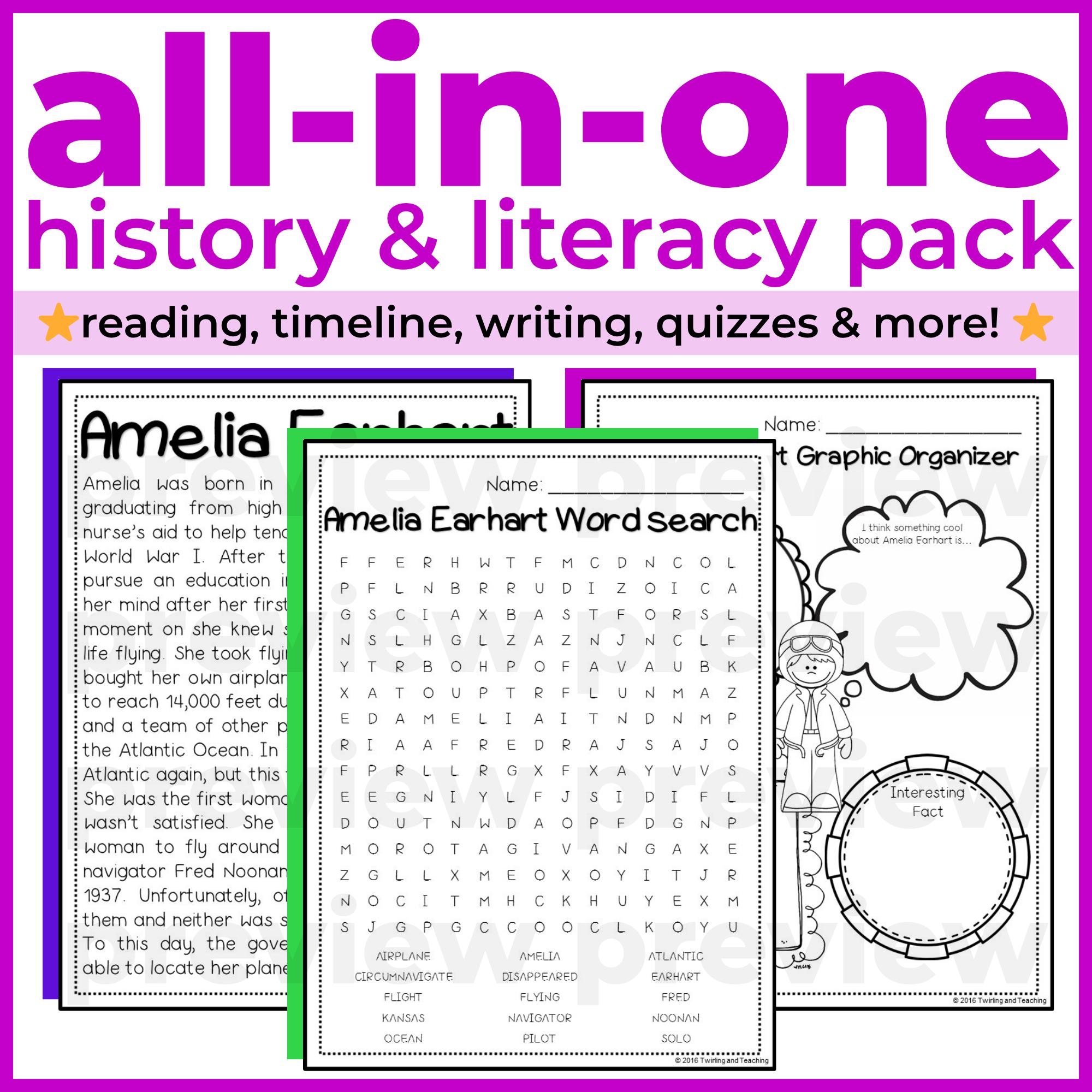 Printable Amelia Earhart Biography Unit | No Prep Reading Comprehension ...