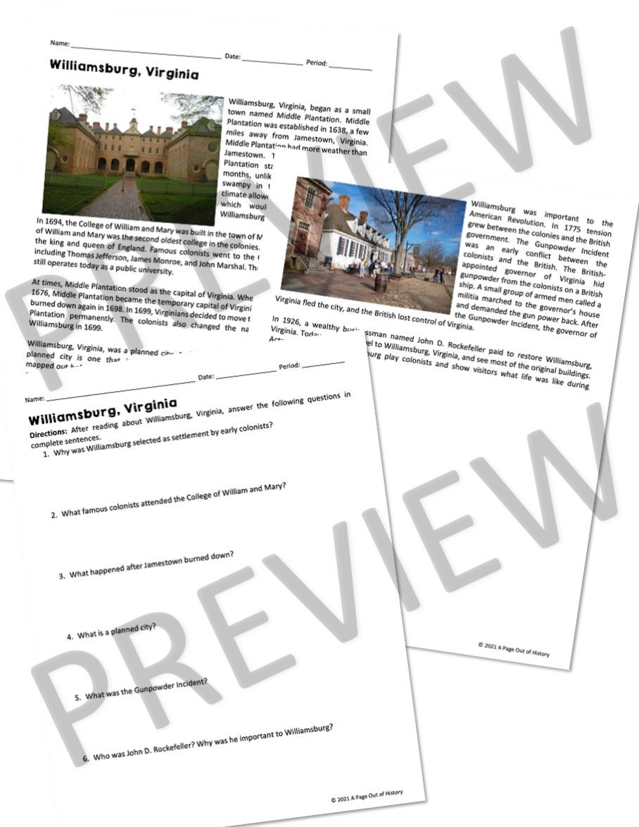 Williamsburg Virginia Reading Worksheets and Answer Keys, Colonial ...