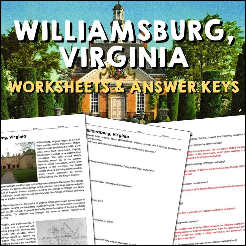 Williamsburg Virginia Reading Worksheets and Answer Keys, Colonial ...