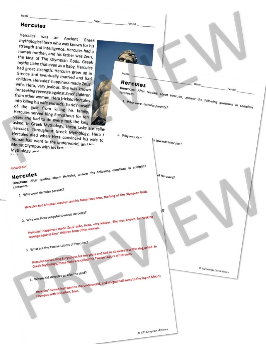 Hercules Ancient Greece Reading Comprehension Worksheets and Answer ...