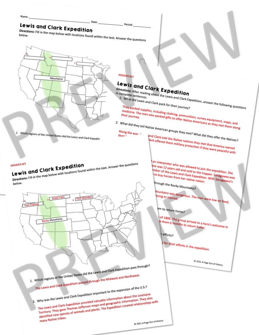 Lewis and Clark Expedition Early American Republic Reading Worksheets ...