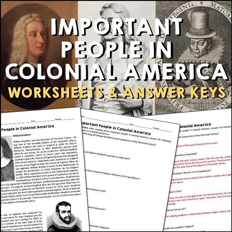 Important People in Colonial America Reading Worksheets and Answer Keys ...