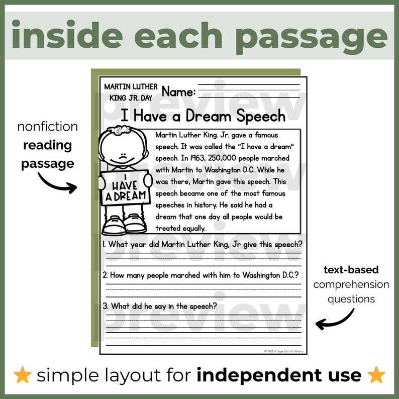 K-2 Reading Comprehension Worksheets, Martin Luther King Jr Day ...