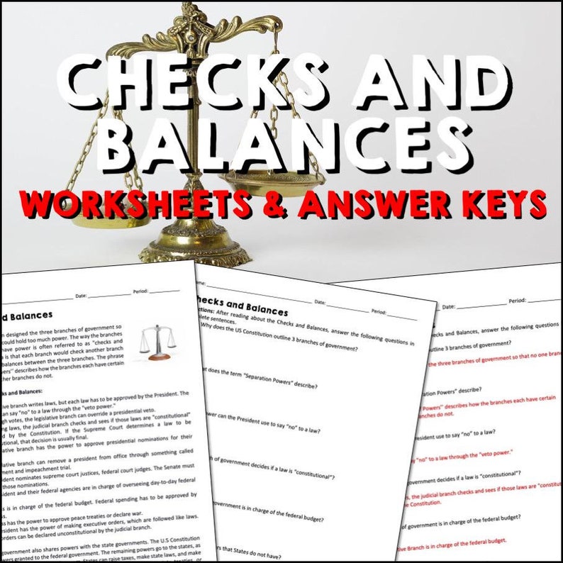 Checks and Balances US Government Reading Worksheets Answer Keys | 6-12 ...