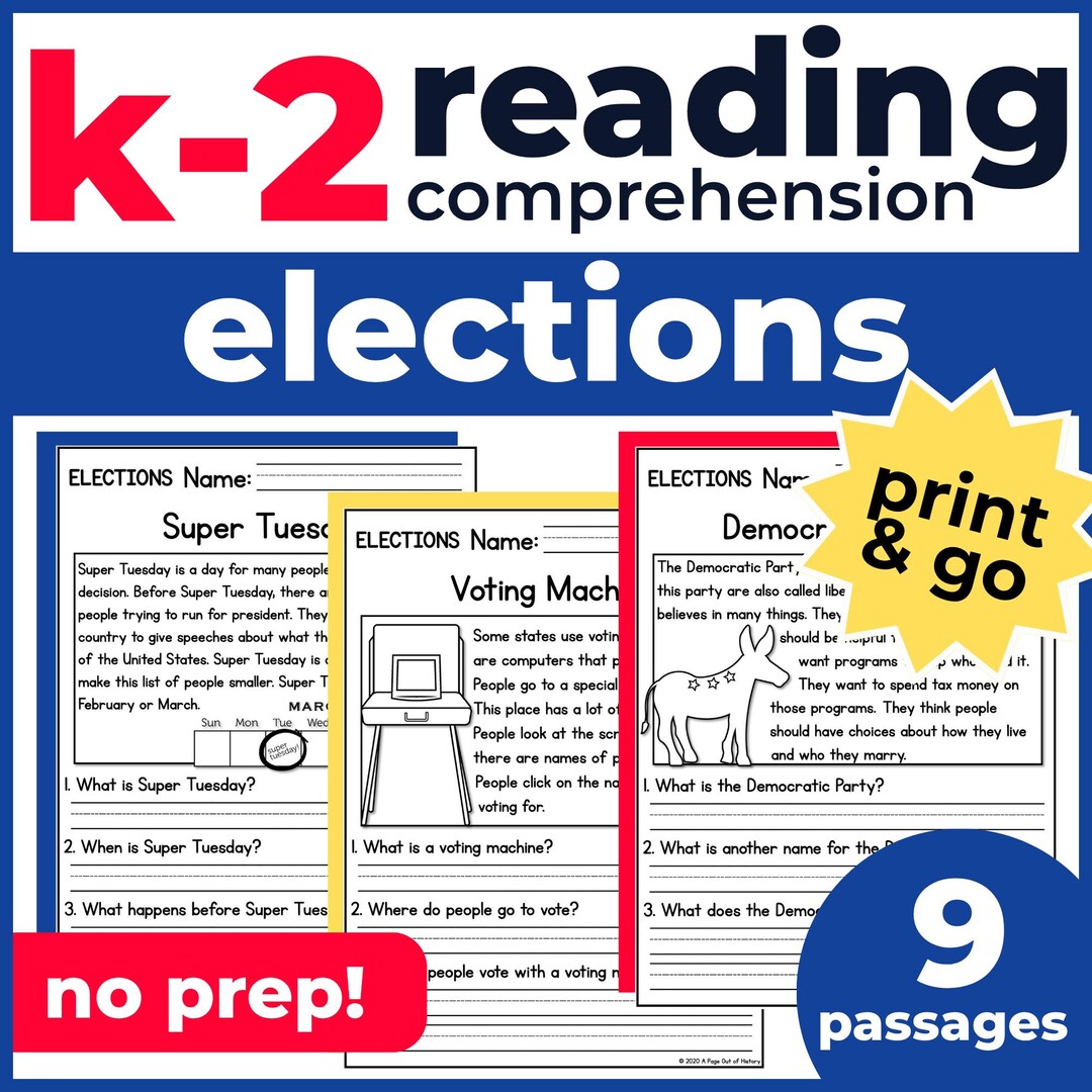 K-2 Reading Practice Elections Passages & Questions for 1st 2nd Grade ...