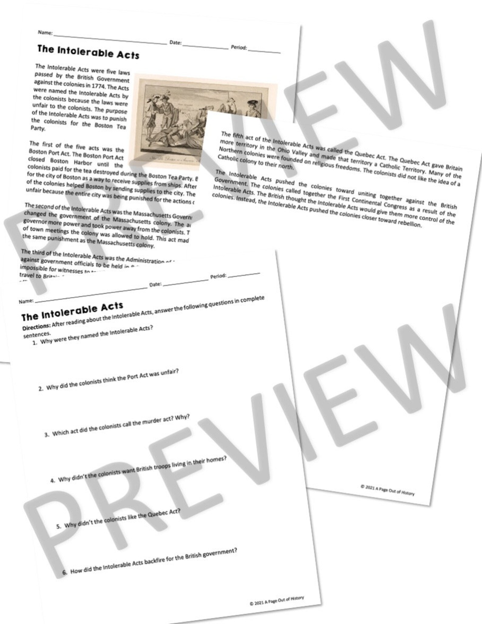Intolerable Acts Reading Comprehension Worksheet, American Revolution ...