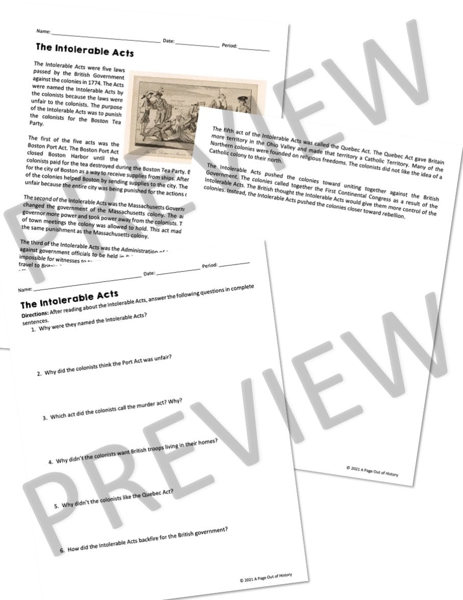 Intolerable Acts Reading Comprehension Worksheet, American Revolution ...