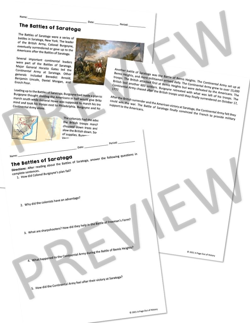 Battles of Saratoga Reading Worksheets and Answer Keys | 6-12 ...