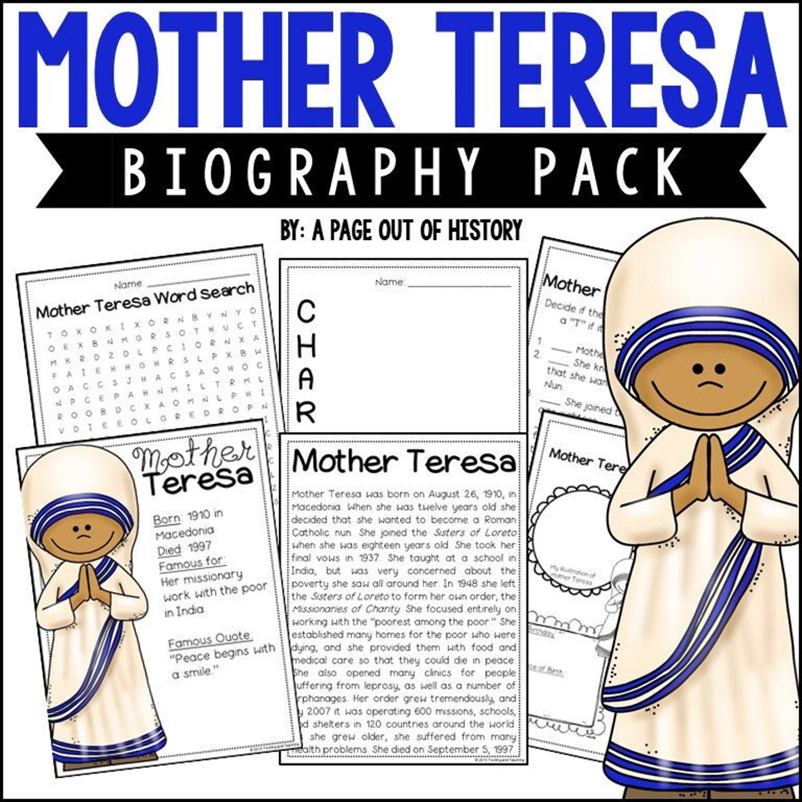 Mother Teresa Biography Unit Pack 3-5 Homeschool Social Studies ...