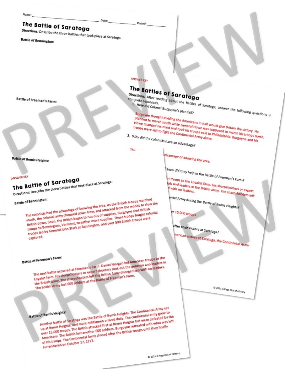 Battles of Saratoga Reading Worksheets and Answer Keys | 6-12 ...