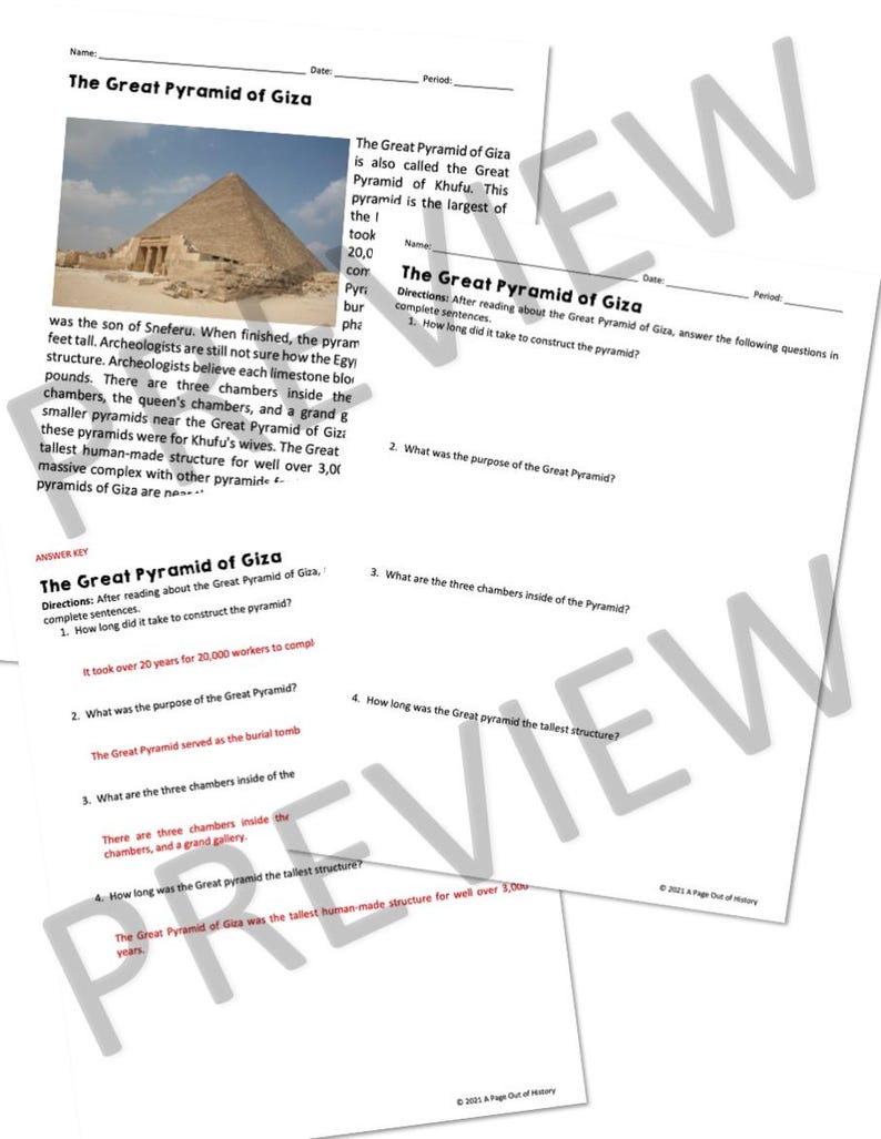 The Great Pyramid of Giza Ancient Egypt Reading Worksheets and Answer ...