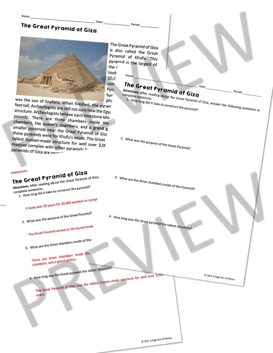 The Great Pyramid of Giza Ancient Egypt Reading Worksheets and Answer ...