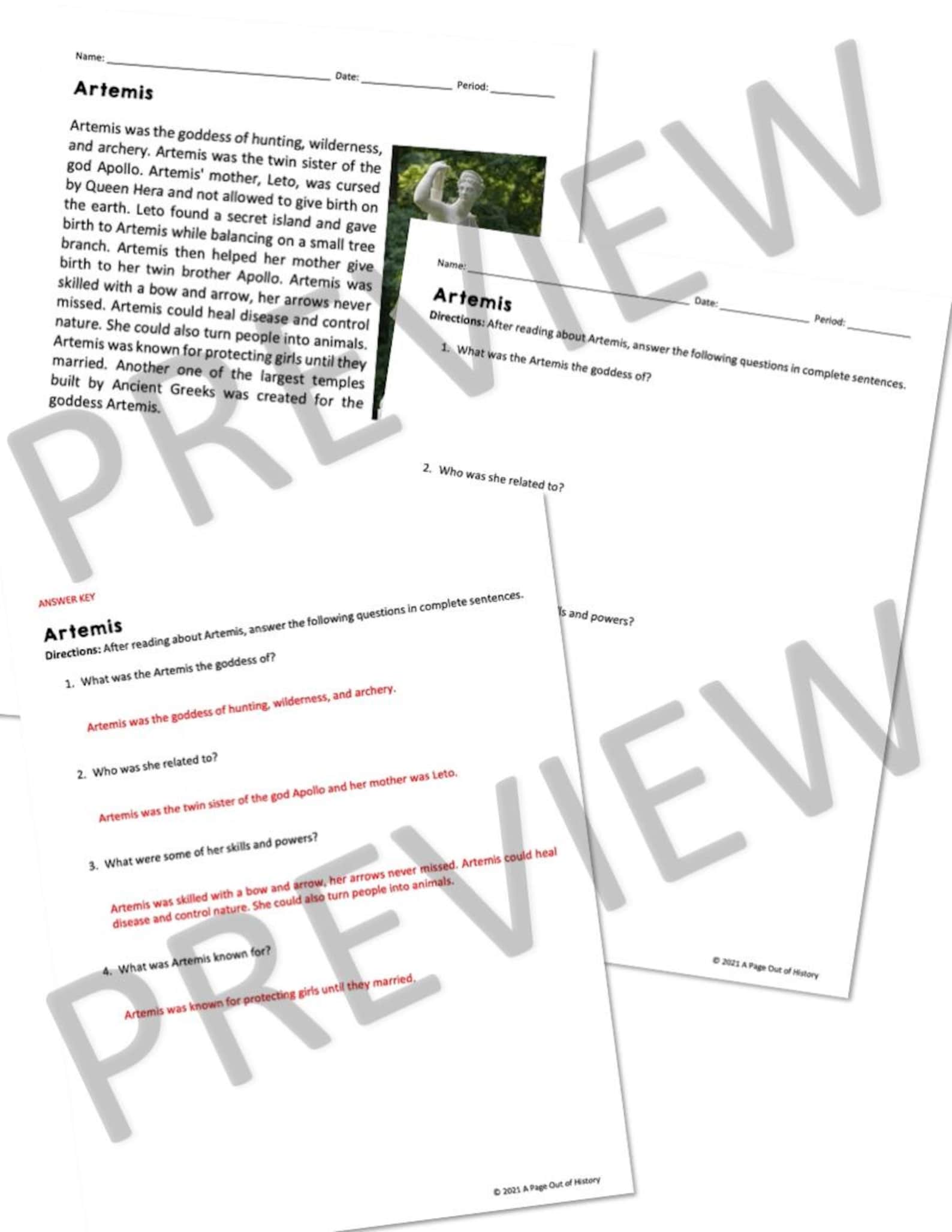 Artemis Greek Mythology Reading Practice Worksheet, Greek Mythology ...