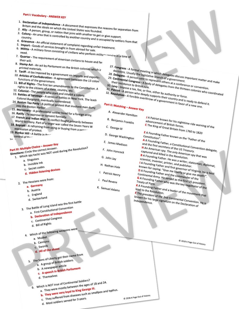 American Revolution Test & Answer Key, Homeschool Practice Worksheets ...