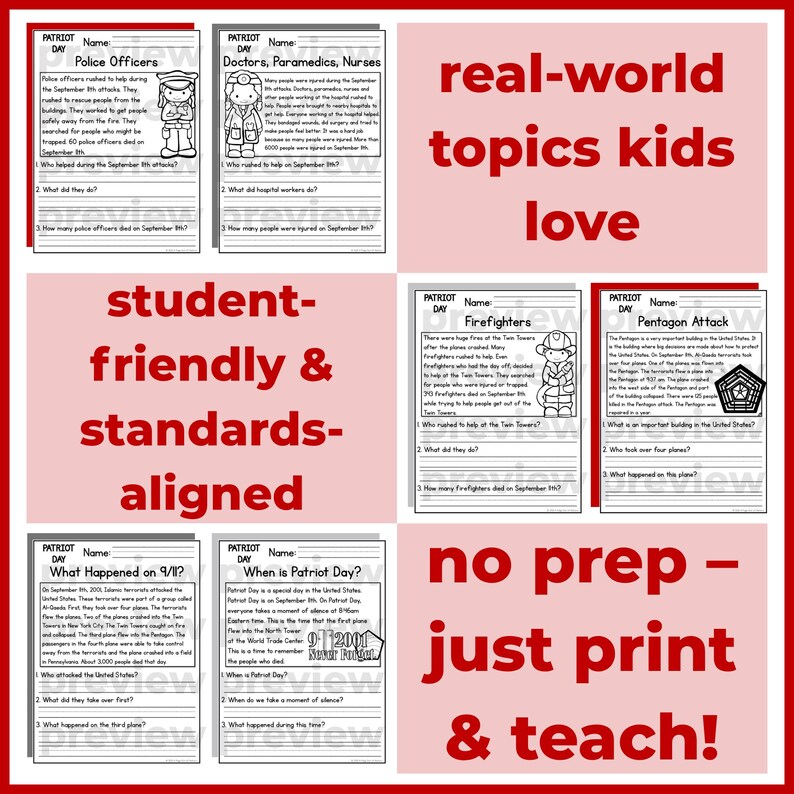 1st 2nd Grade Reading Comprehension | September 11th (9/11) Patriot Day ...