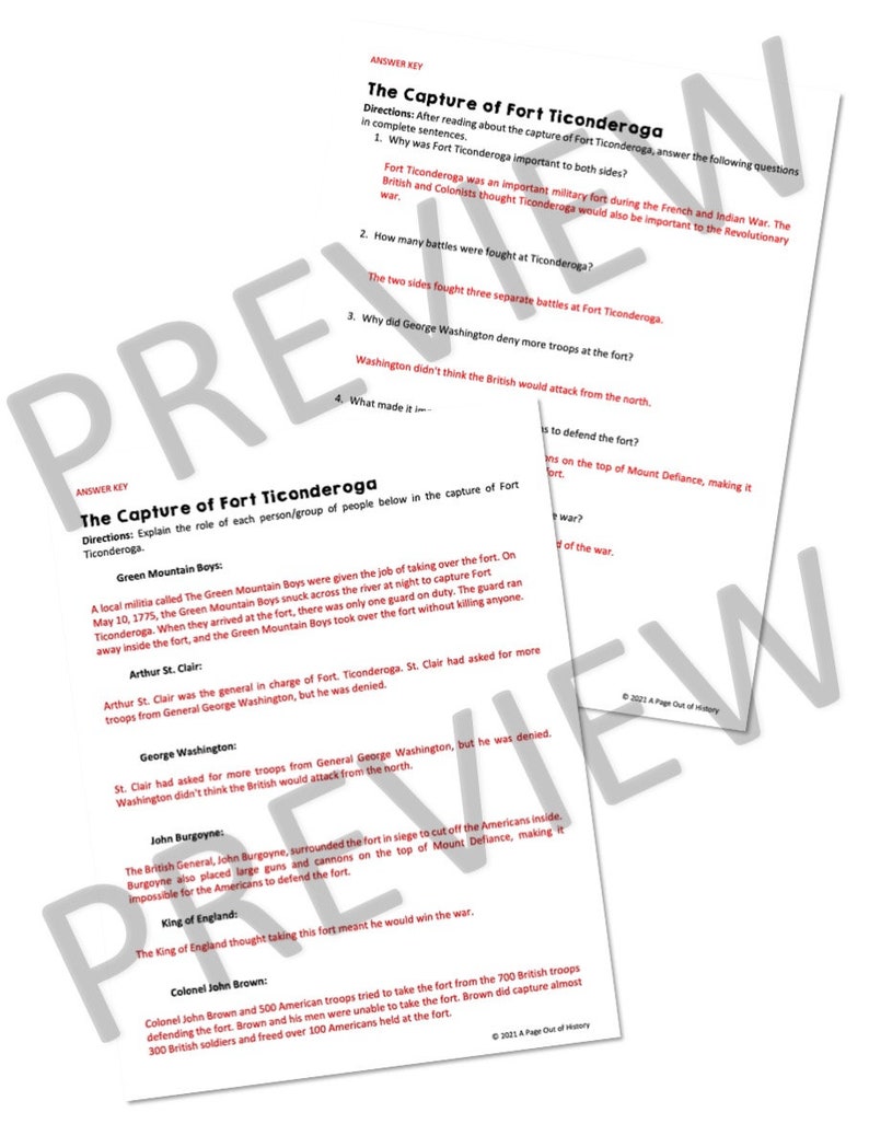 Capture of Fort Ticonderoga Reading Worksheets and Answer Keys | 6-12 ...