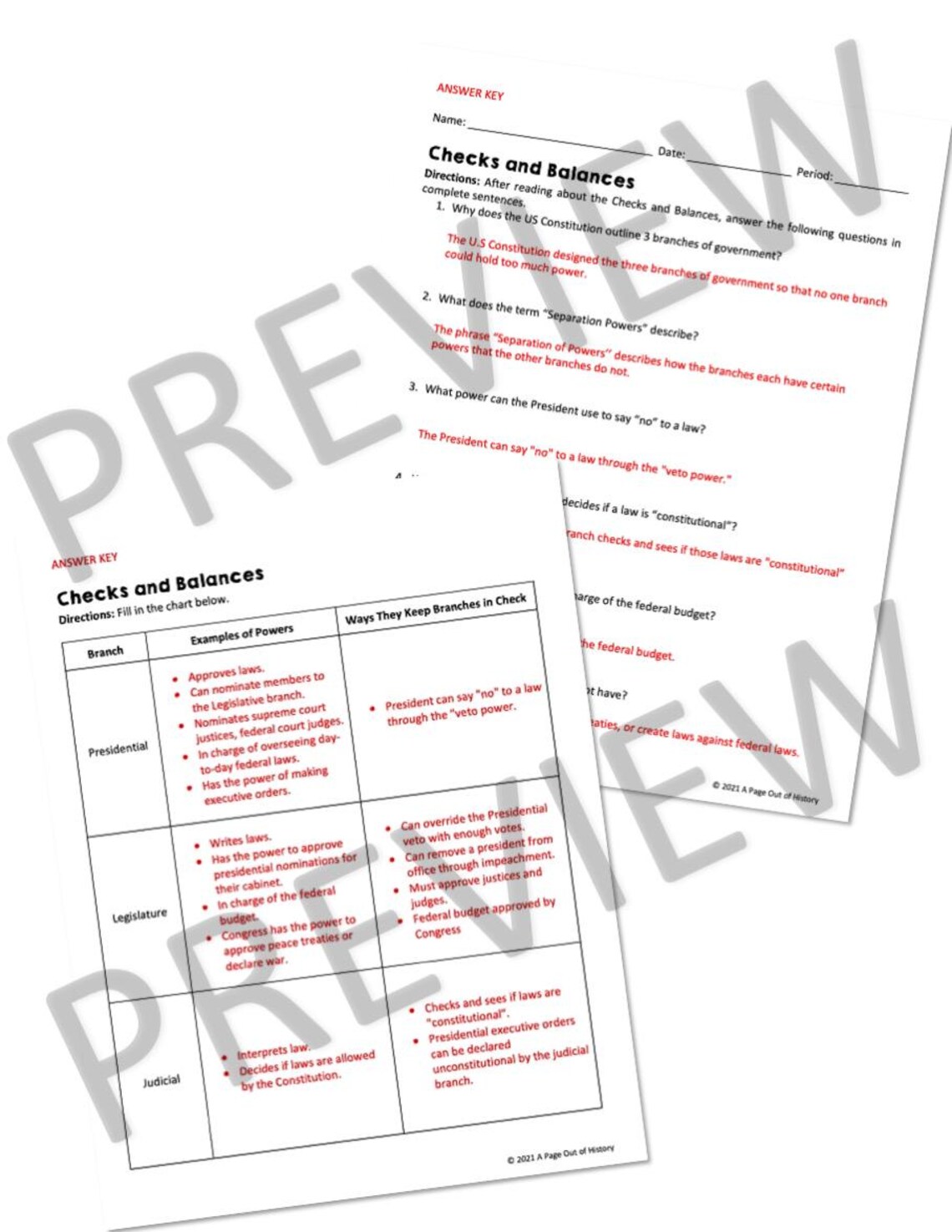 Checks and Balances US Government Reading Worksheets Answer Keys | 6-12 ...