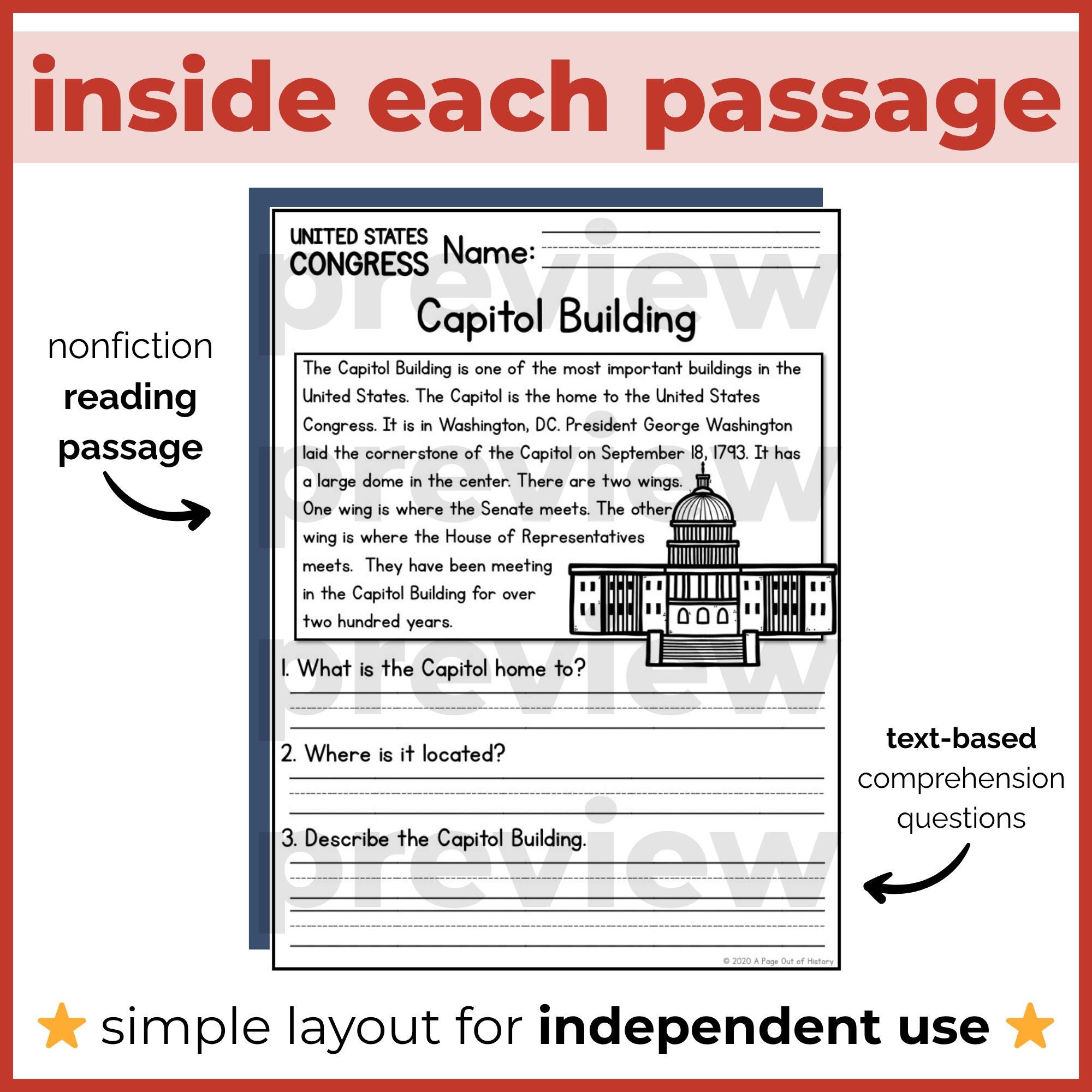 K-2 Reading Comprehension Passages, US Congress Worksheets and Answer ...