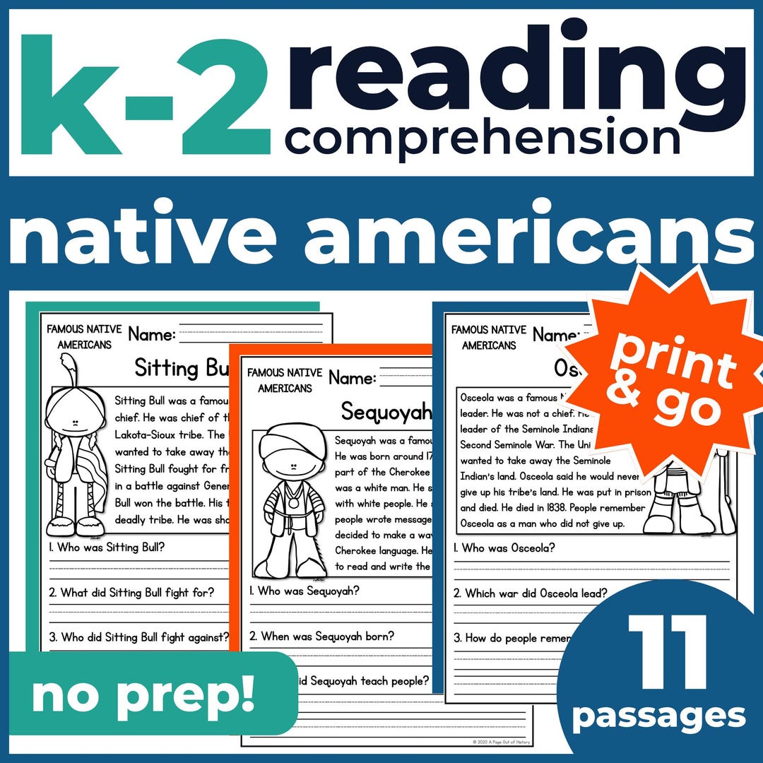 1st 2nd Grade K-2 Reading Comprehension Printable Pages, Famous Native ...