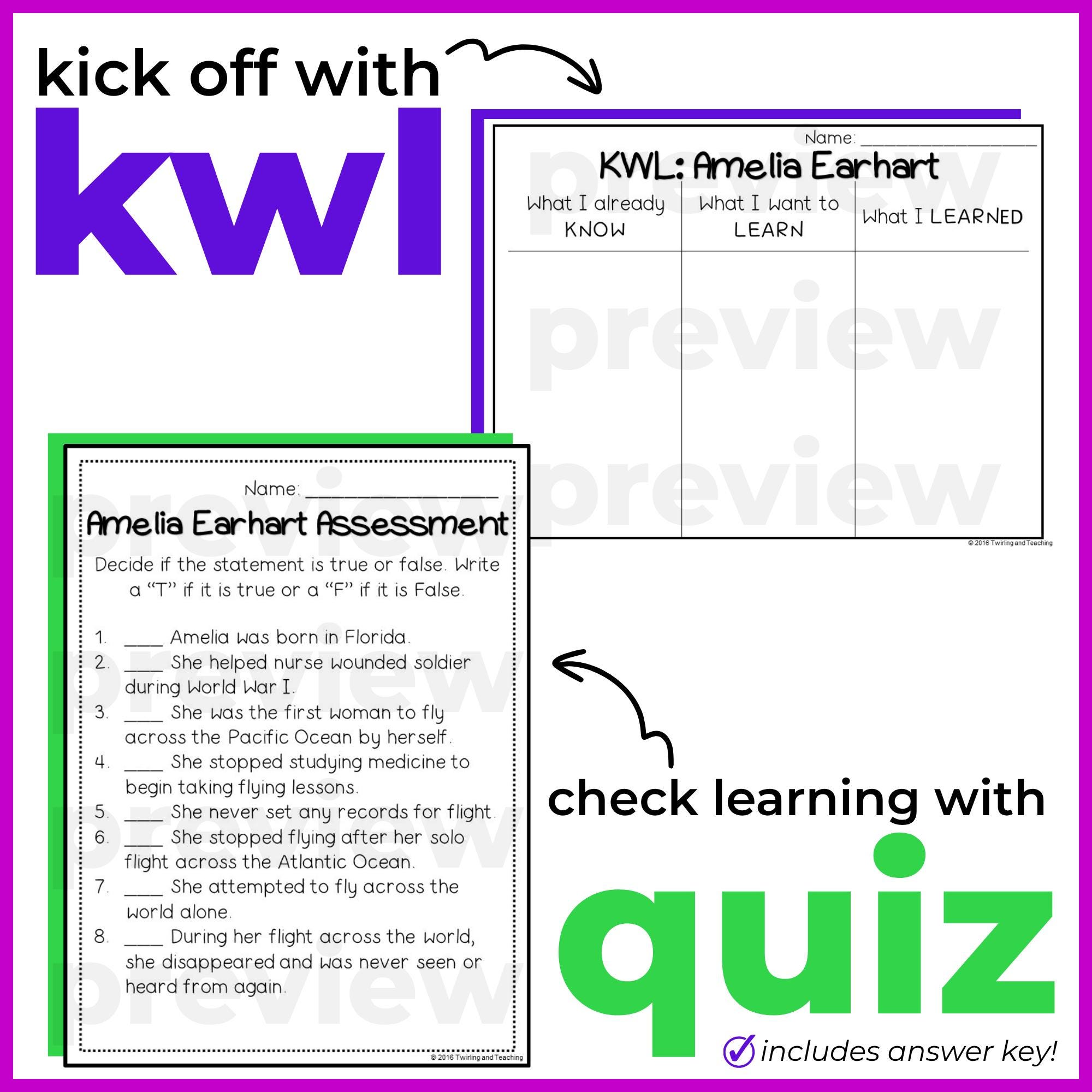 Printable Amelia Earhart Biography Unit | No Prep Reading Comprehension ...