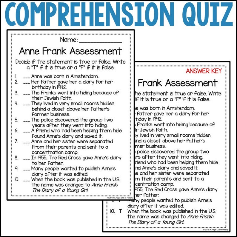 Biography Activities for Kids | Anne Frank Reading Comprehension ...