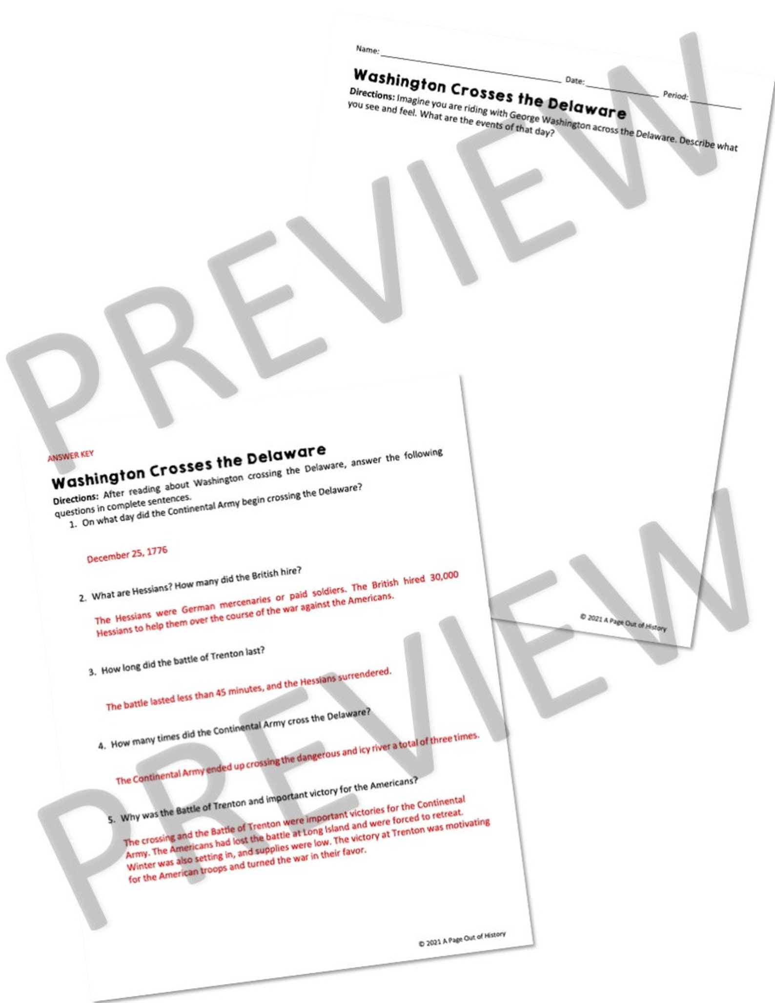 Washington Crosses the Delaware Reading Worksheets and Answer Keys | 6 ...