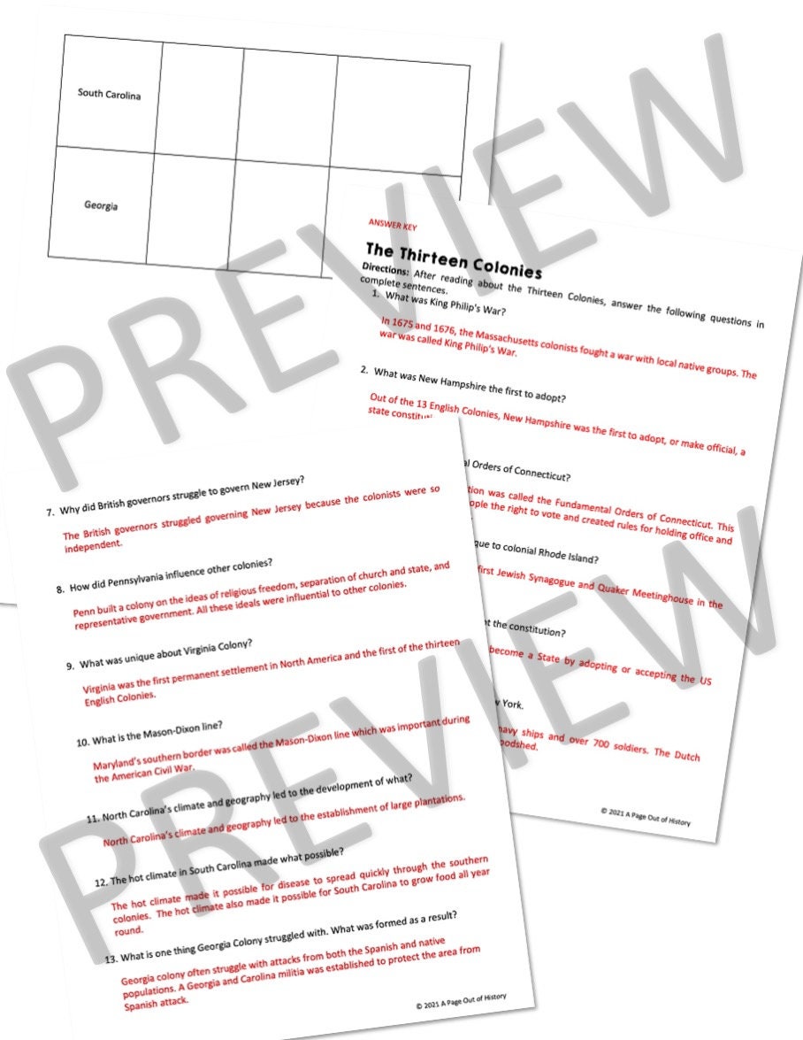 Thirteen Colonies Reading Worksheets and Answer Keys | 6-12 ...