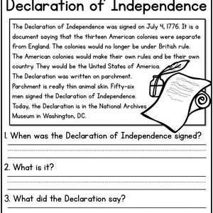 Declaration of Independence Reading Comprehension Passages | Etsy