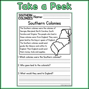 K-2 Reading Practice Worksheets, Southern Colonies Passages, Southern ...